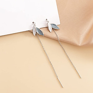 Reffeer Solid 925 Sterling Silver Leaf Chain Dangle Earrings Threader for Women Teen Girls Leaf Dangle Drop Earrings Tassel (A-Silver)