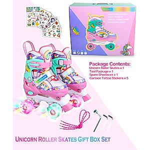 Rainbow Unicorn Kids Roller Skates for Girls Boys Toddler Ages 2-4,4-Pejiijar Adjustable Roller Shoes with Luminous Wheels for Birthday Xmas Gifts.
