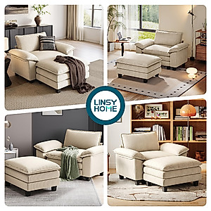 LINSY HOME Sofa Chair with Movable Ottoman - Corduroy Cloud Couch Chair Soft Comfy Modern Sofa Chaise Set Single Sleeper Chair Bed for Living Room Apartment Office (Beige, 1-Seat & 1-Ottoman)