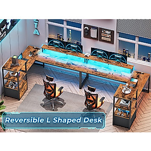 SEDETA Home Office Desk with File Drawer and Power Outlet, 51" Corner Computer Desk with Fabric Drawer and Storage Shelves, Corner Gaming Desk with LED Lights, Monitor Stand and Hooks, Rustic Brown