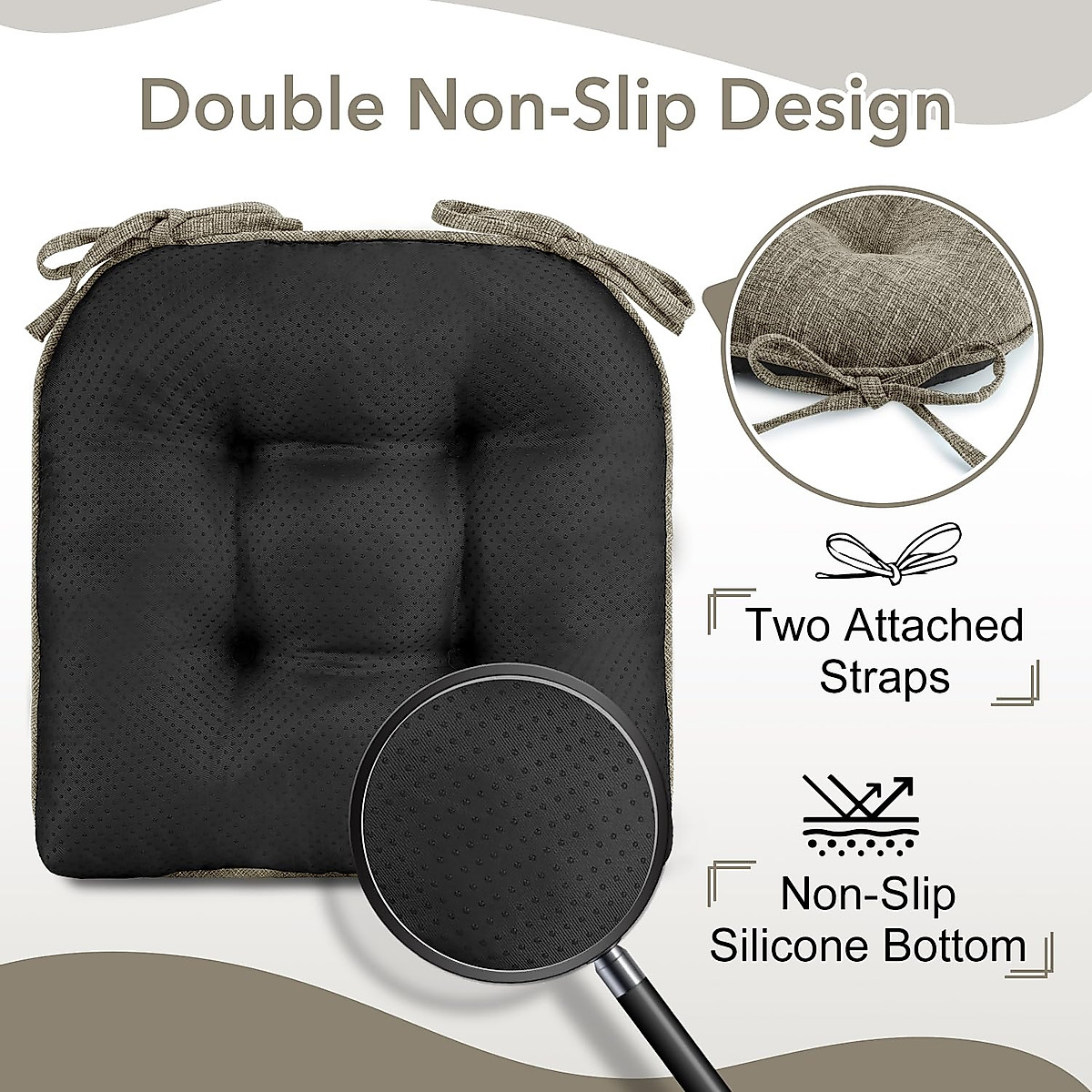 downluxe Indoor Chair Cushions for Dining Chairs, Tufted Overstuffed Textured Memory Foam Kitchen Chair Pads with Ties and Non-Slip Backing, 15.5" x 15.5" x 4", Khaki, 4 Pack