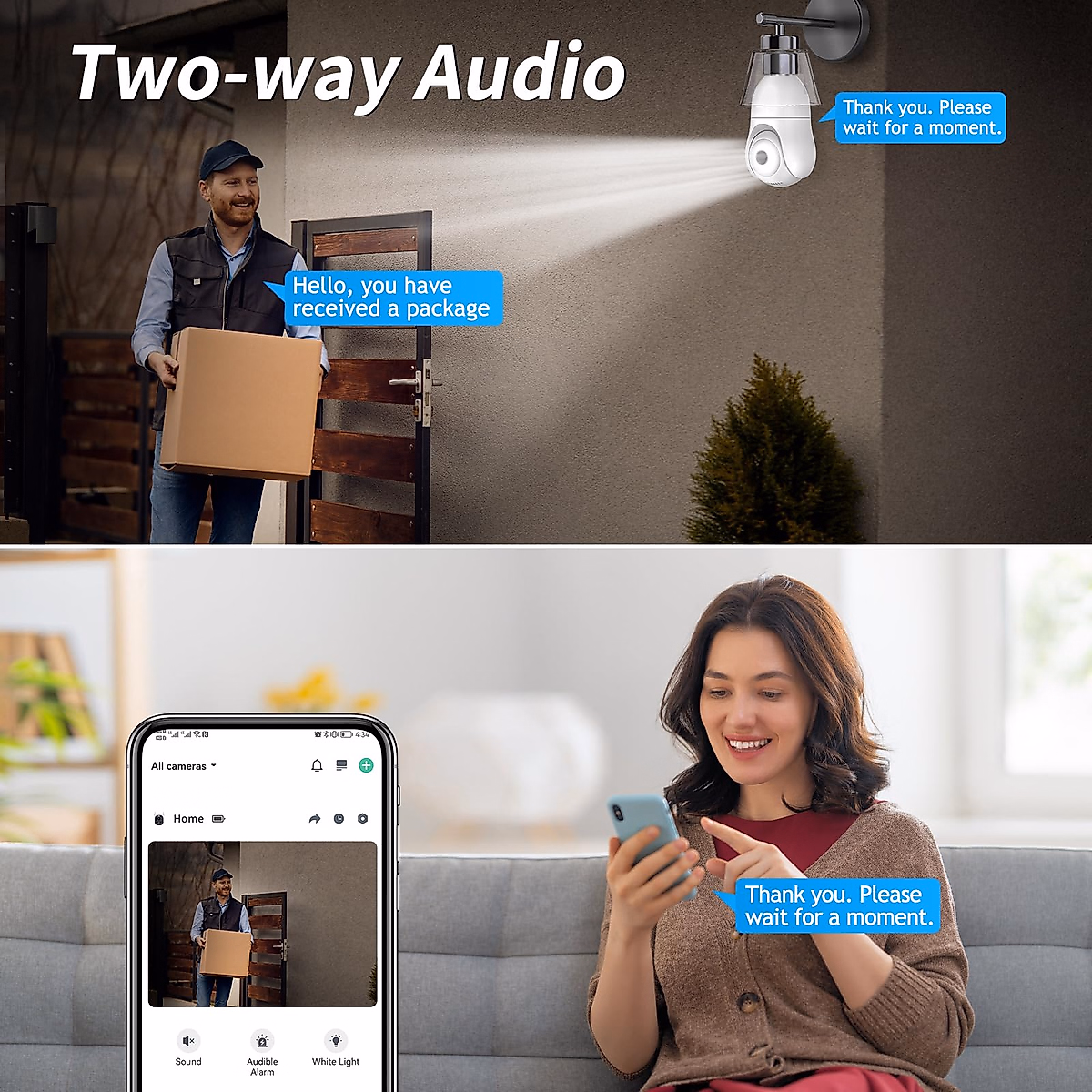 Light Bulb Security Camera 2K Indoor/Outdoor Full Color Night Vision Lightbulb, 2.4GHz Wireless WiFi 360° Cameras Bulbs, Auto Motion Tracking, Audible Alarm, Easy Install, 24/7 SD & Cloud Recording