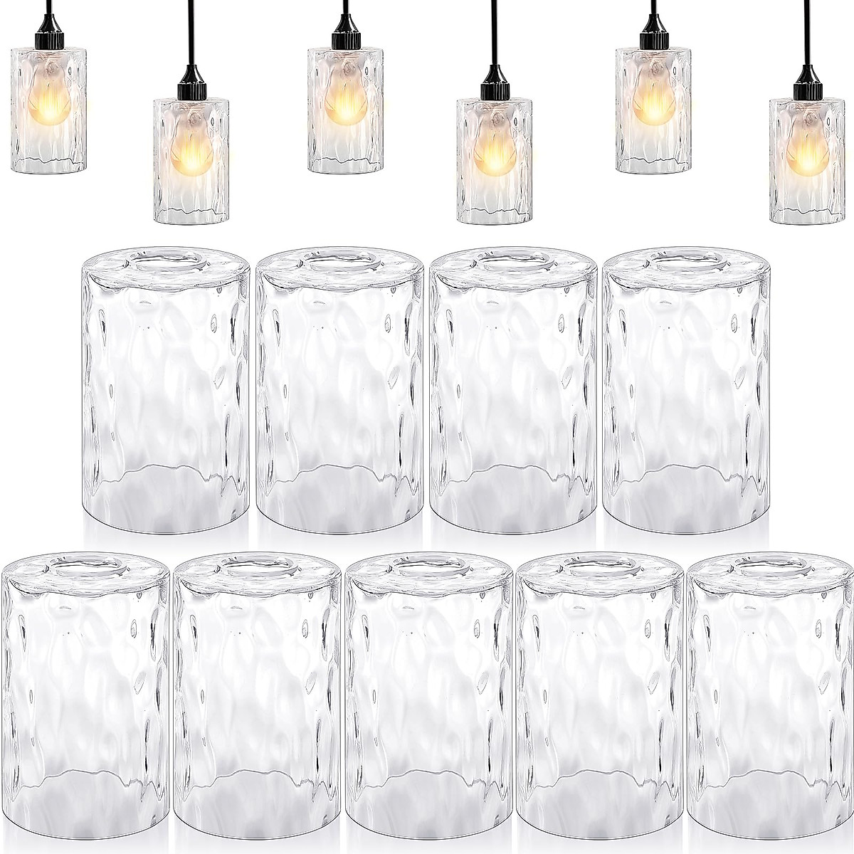 Retisee 9 Pcs Clear Seeded Glass Shade Cylinder Bubble Glass Lamp Shade for Light Fixture Replacement Globe 5.9 Inch High 3.9 Inch Diameter 1.65 Inch Fitter Cover for Chandelier Pendant (Hammered)
