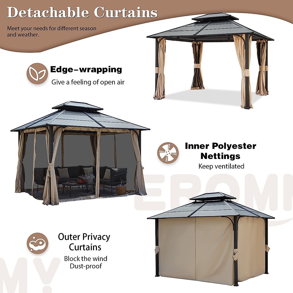 EROMMY 10'x12' Metal Gazebo, Outdoor Double Roof with Anti-Rust Coating Frames, Permanent Hardtop Canopy Gazebos with Netting and Curtains for Patio, Backyard, Deck,Lawns, and Poolside