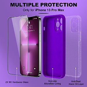 BossKiss Compatible with iPhone 13 Pro Max Case, Premium Liquid Silicone Case [Velvety Touch] [2 Pcs 9H Tempered Glass Screen Protector], Camera All-Round Protection Shockproof Kit Case,Neon Purple