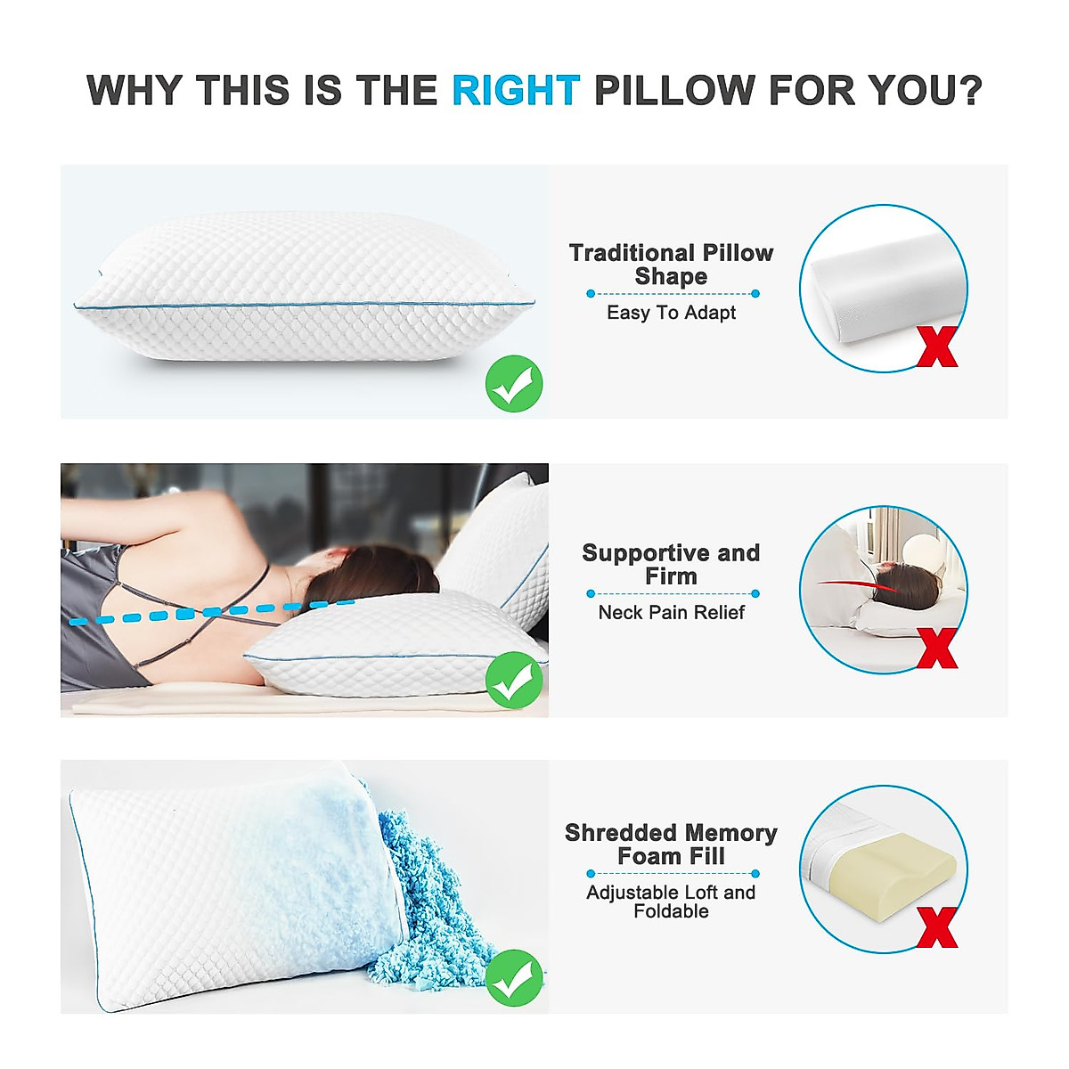 Cooling king Size Pillows Set of 2, Shredded Memory Foam Bed Pillows king Size Set of 2, Cool Cold Pillow for Side Back Stomach Sleepers, Gel Pillow Adjustable Firm Pillows Soft Pillows for Sleeping