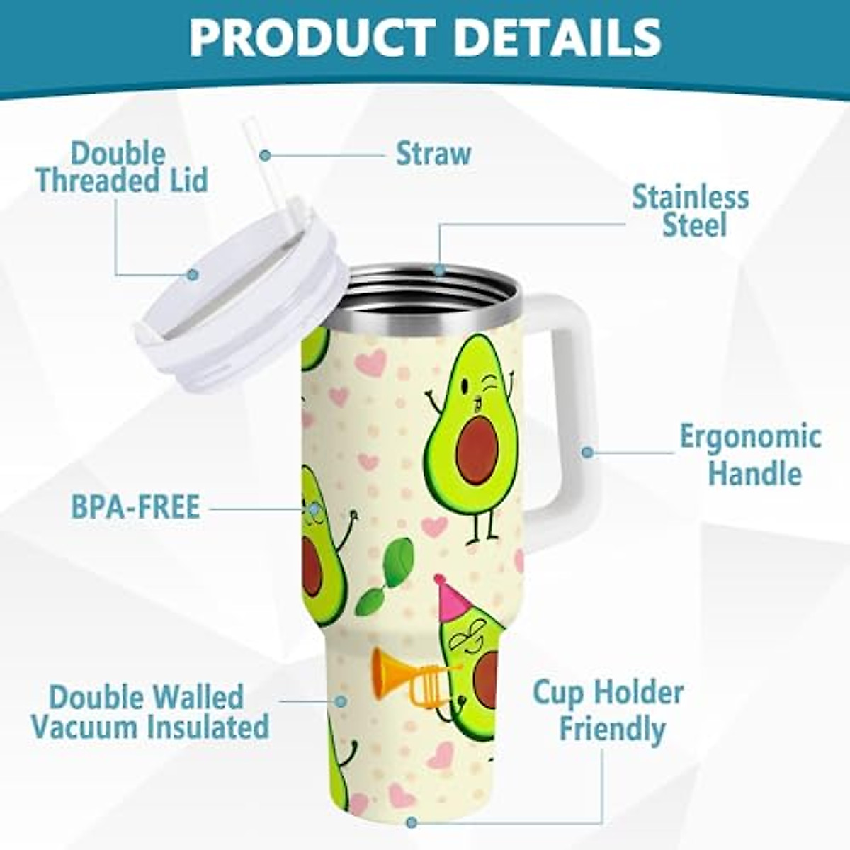 Cute Avocado Beige Insulated Stainless Steel Tumblers with Handle and Straw Lid for Water, Tumbler Insulated 30 OZ / 0.89 L