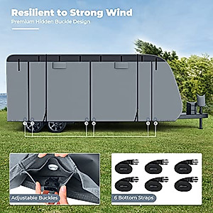 RVMasking 7 Layers top RV Travel Trailer Cover Rip-Stop Waterproof Camper Cover Fits 24‘1”-26' Motorhome - Anti-UV Windproof Breathable with 4 Tire Covers & Tongue Jack Cover