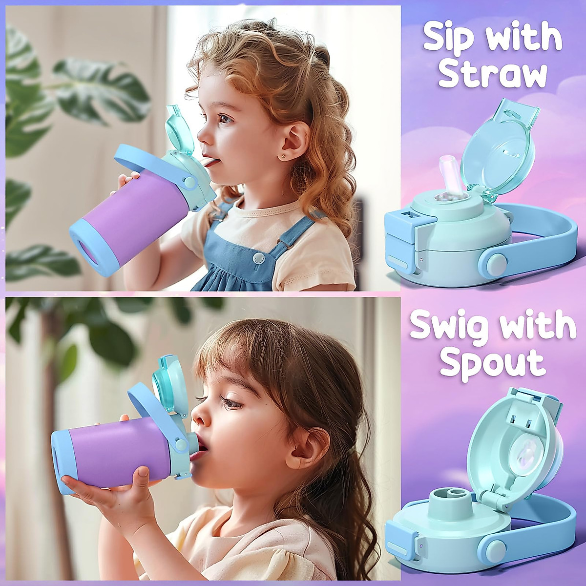 Kids Water Bottle with Straw & Chug(2-in-1 Lid), 14oz Kids Insulated 18/8 Stainless Steel Water Bottle for School Girls Boys Toddler Water Bottle Leak Proof & Spill Proof Kids Cups (2, C1.Macaron)