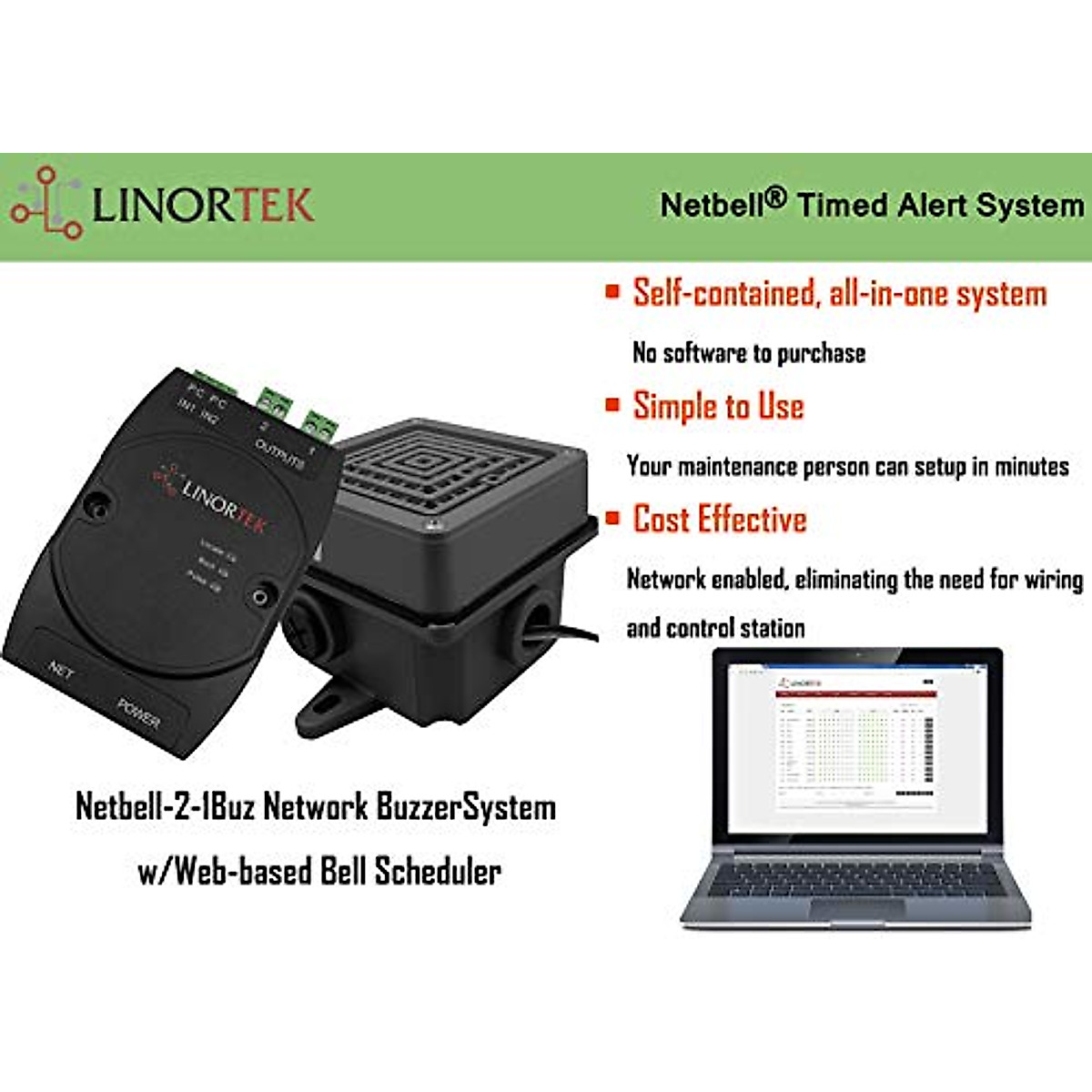 Linortek Netbell-2-1Buz TCP/IP Network Enabled Controller with One 4” Extra Loud Buzzer for Industrial Factory Warehouse Lunch Break Time Alert System w/Web-Based scheduling Software