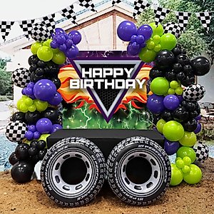 Truck Balloon Green Purple Black Silver Big Wheels Jeep Balloon Garland Halloween Balloon Arch Kit Race Car Checkered Flag For Monster Truck Party Supplies Kids 3th 4th Boy Birthday Party Decoration