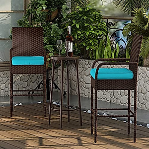 Sundale Outdoor 2 Pieces Patio Bar Stools, All-Weather Wicker Bar Stools Rattan Chairs Set of 2, Counter Height Tall Chair with Arms, Turquoise Cushion, Patio Furniture - Steel, Brown