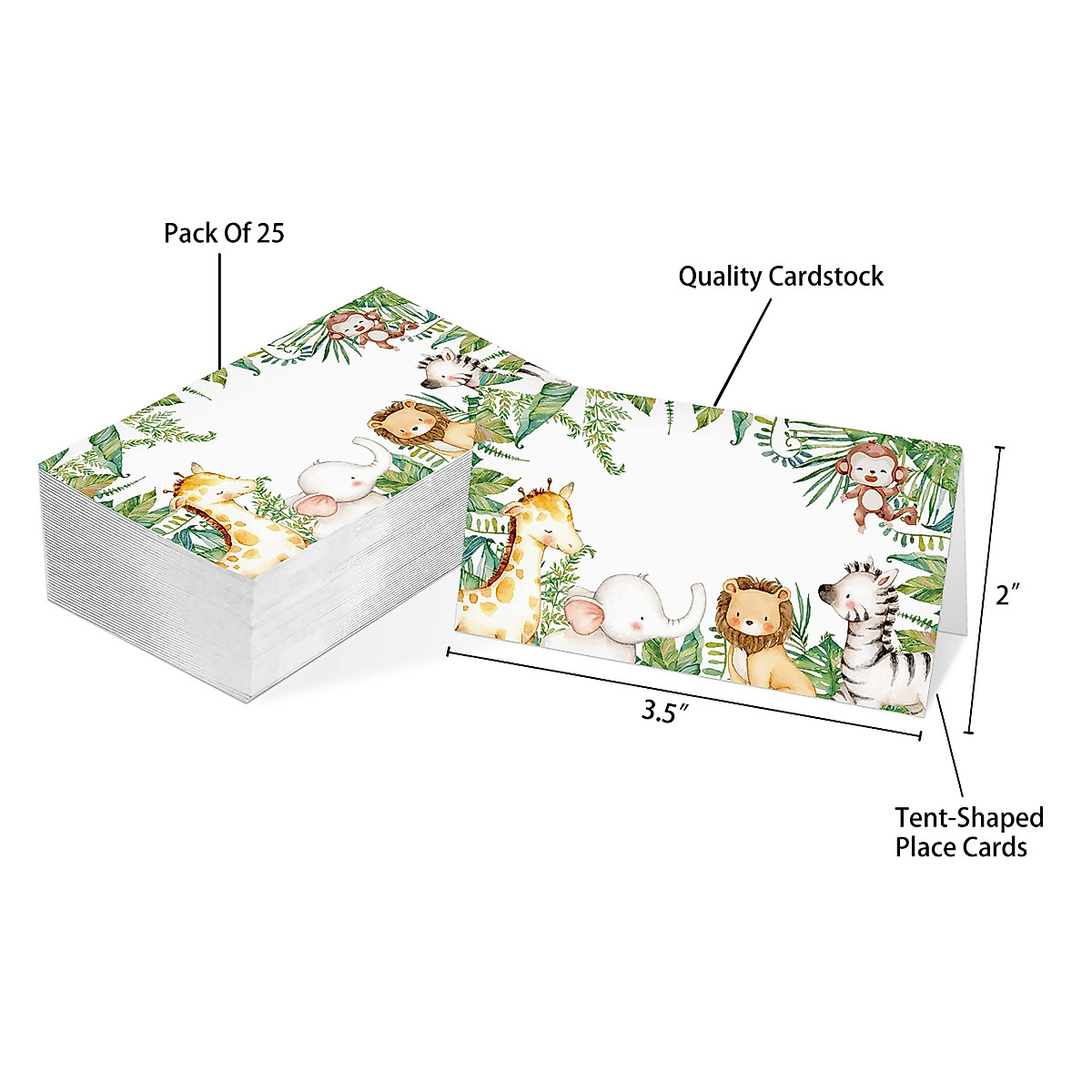 Table Place Card, Jungle Safari Animal Themed Tent Style Cards, Pack of 25 Half-Fold Reception Place Cards, Perfect for Baby Showers, Jungle Safari Birthday Party, Special Events A28