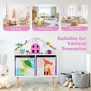 HONEY JOY Toy and Book Organizer for Kids, Wooden Stand Bookcase w/ 2 Storage Bins, Children Toy Storage Chest Box w/Elevated Solid Wood Legs, Toy Storage Unit Organizer for Playroom (White)