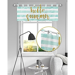 Tab Top Curtain Valance HELLO SUMMER Gold Round Spots on Blue and White Stripes Valance Curtains Light Filtering Rod Pocket Window Treatment Small Valances For Kitchen Cafe Basement, 1 Panel, 54X18In