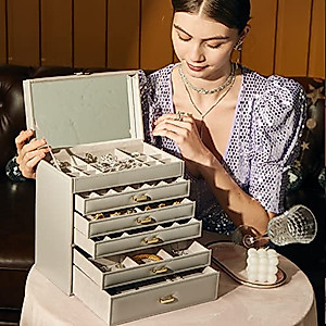 Vlando 6 Tier Large Jewelry Storage Box with Mirror, Huge Jewelry Box Organizer Storage of Necklace Ring Earring Bracelets Watches (White)