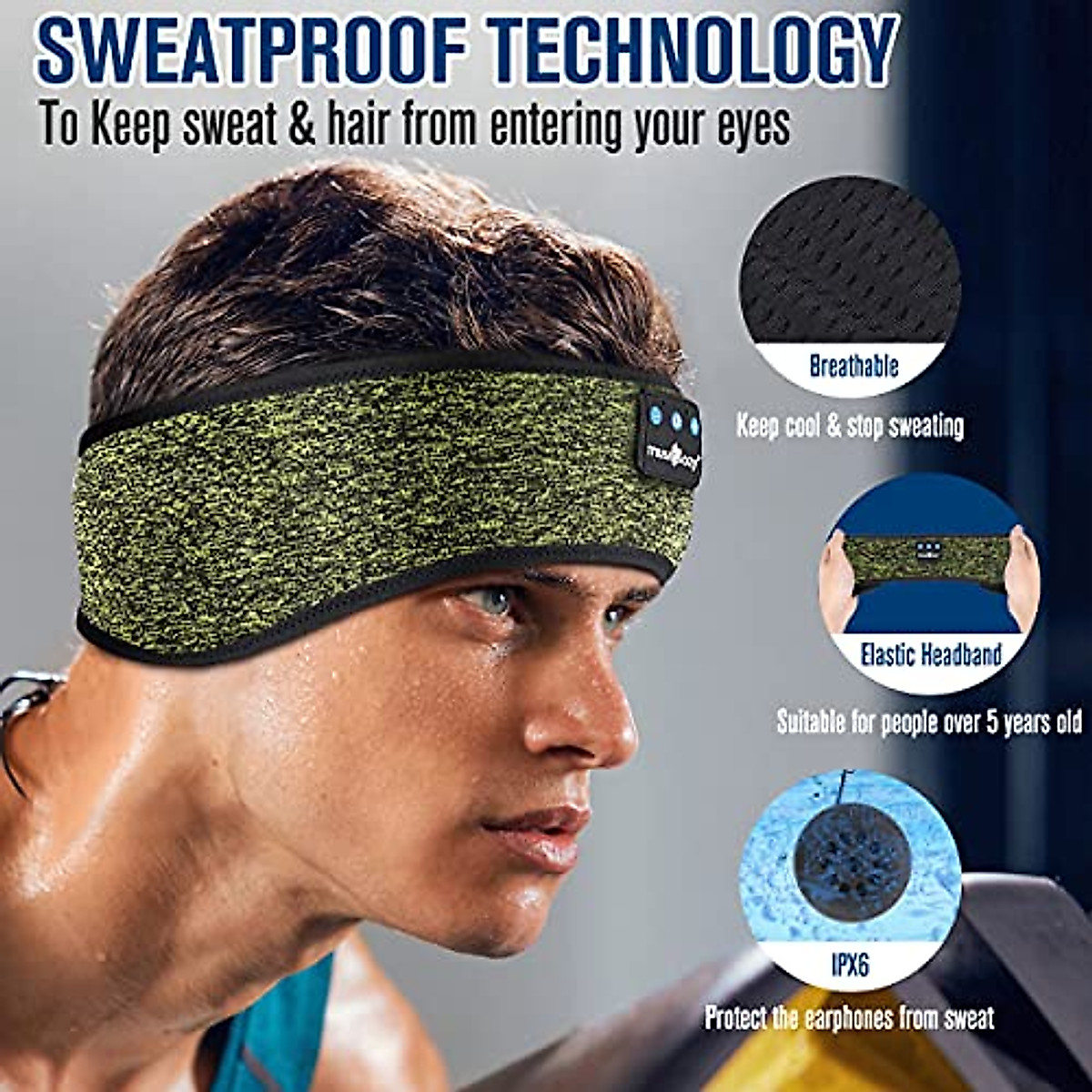 MUSICOZY Bluetooth Headband Sports Sleep Headphones, Wireless Music Sleeping Headphones Sleep Eye Mask Earbuds IPX6 Waterproof for Side Sleepers Workout Running Insomnia Travel Yoga Office, Green