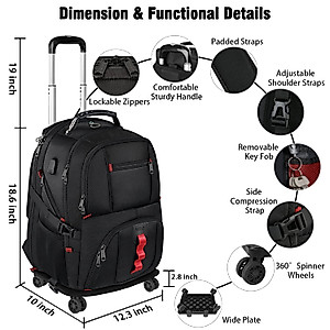 Rolling Backpack with Wheels, Backpack on Wheels for Men Women Adults, 17 inch Wheeled Roller Computer Rucksack for Travel Business College School, Gifts for Men Women Boyfriend Girlfriend, Black
