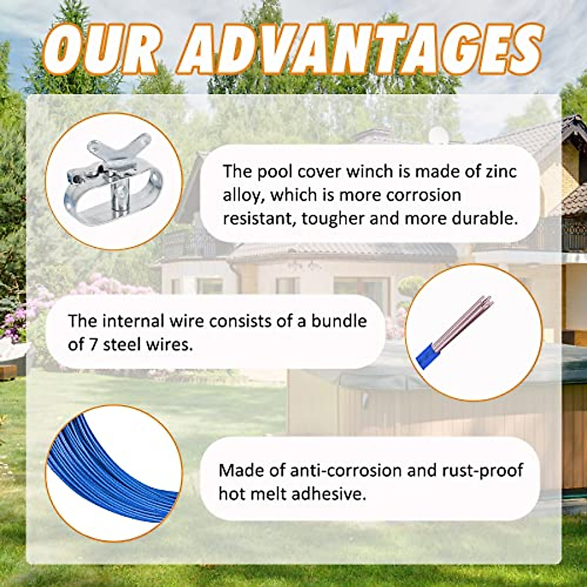 Pool Cover Winch and Cable, 102ft Winterize Pool Closing Kit Pool Cable and Winch, Heavy-Duty Pool Cover Wire and Winch, Pool Cover Cable & Ratchet Kit for Above Ground Swimming Pool Winter Cover-Blue