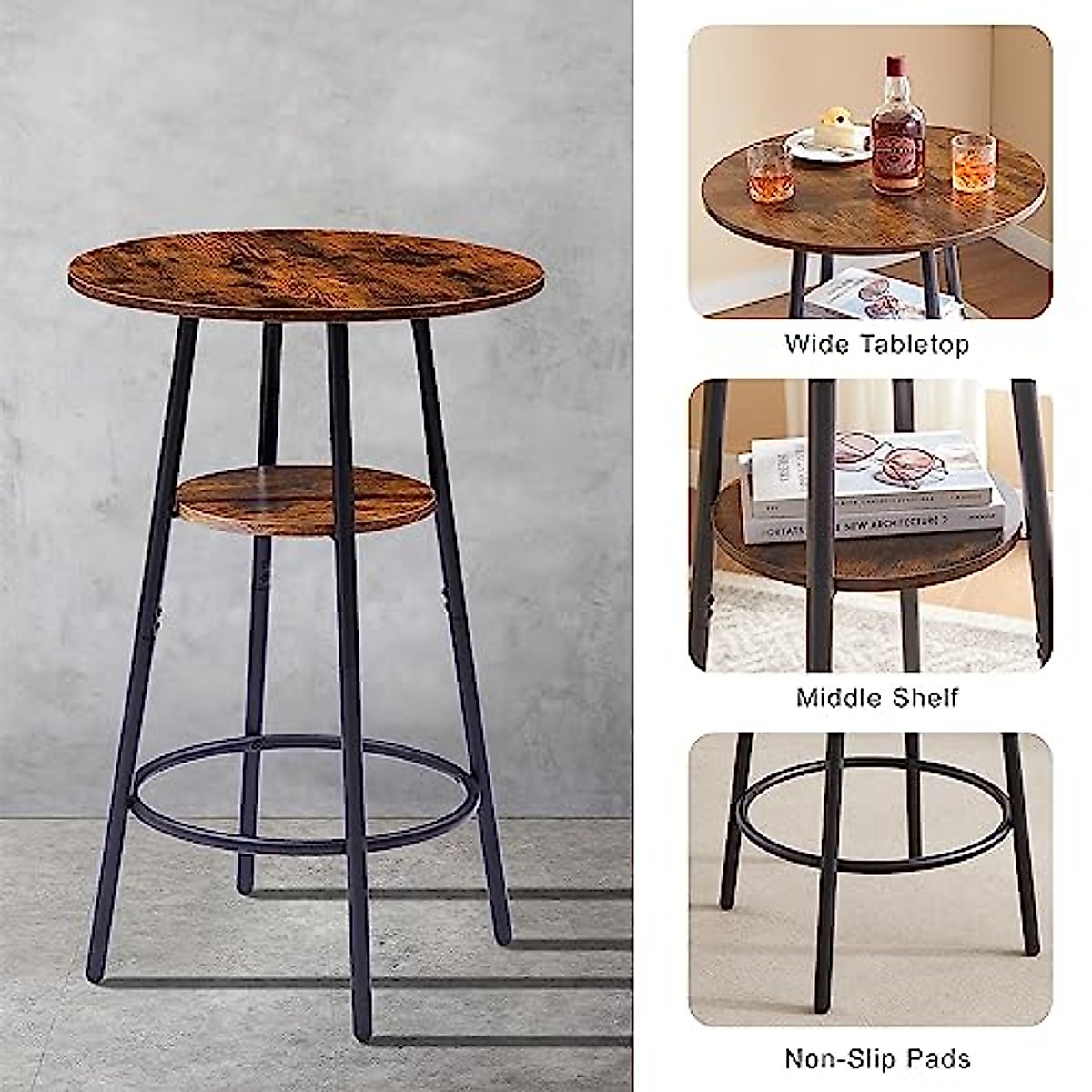 Tensun Bistro Table and Chairs Set of 2, Pub High Top Round Table and Chairs Set with Upholstered Cushion, Storage Shelf and Backrest, 3-Piece Bar Stool Set for Breakfast Nook, Rustic Brown