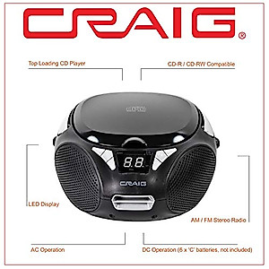 Craig CD6925 Portable Top-Loading Stereo CD Boombox with AM/FM Stereo Radio in Black | LED Display | Programmable CD Player | CD-R/CD-W Compatible | AUX Port Supported |