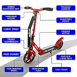 Hurtle Renegade Kick Scooters for Kids Teenagers Adults- 2 Wheel Kids Scooter with Adjustable T-Bar Handlebar - Alloy Anti-Slip Deck - Portable Folding Scooters for Kids with Carrying Strap