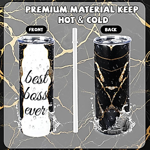 4 PCS Best Boss Lady Gifts Thank You Gifts for Women Includes 20 Oz Black Marble Tumbler Cotton Socks A6 Notepad with Ballpoints, Appreciation Day Boss Day Office Leader Christmas Gift