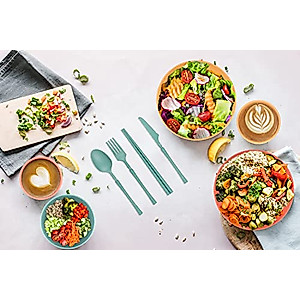 Wheat Straw Dinnerware Sets for 6(55 PCS), Lanveda Kitchen Dinnerware Sets Include Dinner Plates, Cereal Bowls, Cups, Flatwares, Portable Bag, Lightweight Outdoor Colorful Party Dinnerware Sets