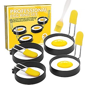 Yomi Family Egg Rings for Frying Eggs and Egg Mcmuffins, Nonstick Round Egg Shaper Mold with Anti-scald Handle and Oil Brush (4 Pack)