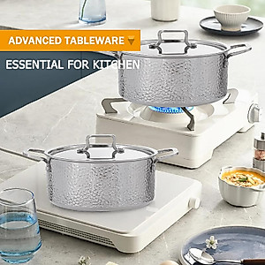 Vivicreate Tri-Ply Stainless Steel Stockpot, Deep Cooking Pot with Lid, Hammered Exterior, Silver (5 Quarts)