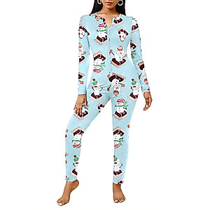 Ekouaer Womens Christmas Oneses Adult Button One Piece Pajama Romper Long Sleeve Jumpsuit Sleepwear for Women Soft Thermal