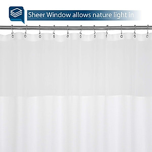 Barossa Design Large Fabric Shower Curtain with Sheer Window 96 x 78 inch, Waffle Weave, Hotel Grade, 230 GSM Heavyweight, Water Repellent, Machine Washable, White, 96x78