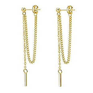 SLUYNZ 925 Sterling Silver Bar Dangle Earrings for Women Teen Girls Minimalist Dangle Earrings Threader Chain