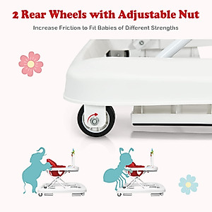 INFANS Foldable Activity Baby Walker, 2 in 1 Anti-Rollover Toddler Walker Helper with Adjustable Height and Speed Safety Belt, Music Center for Boys and Girls (Red)