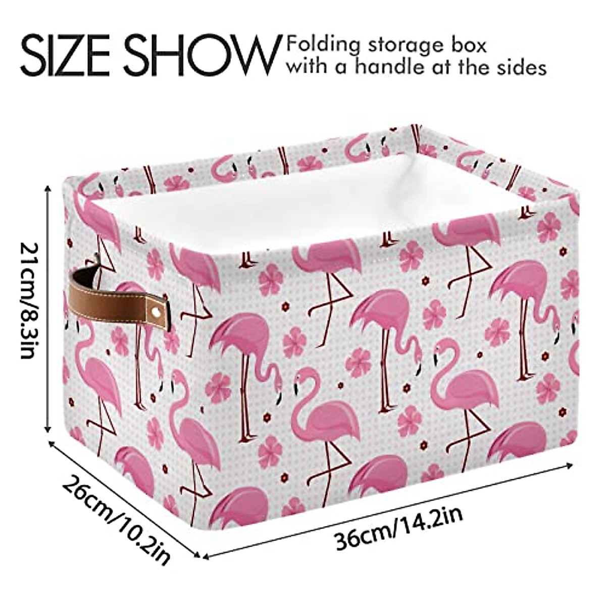Kigai Flamingo Storage Basket Collapsible Rectangle Storage Bin Shelves Basket Organizer with Leather Handle for Closet, Office, Nursery, Home Decor