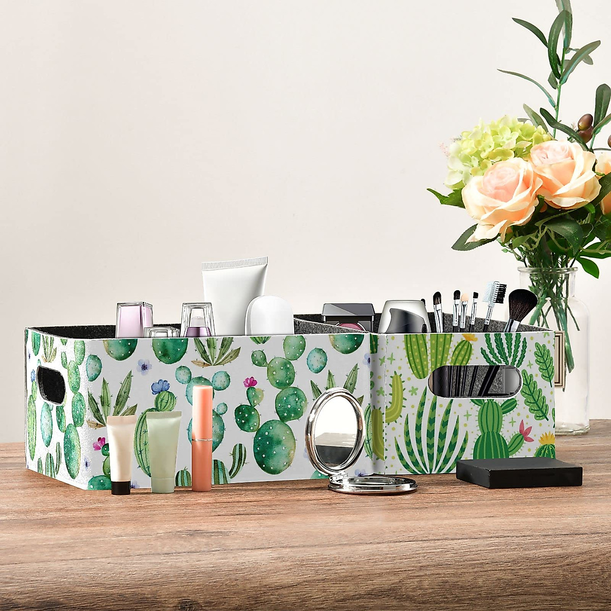 Emelivor Cactus Storage Basket Bins Set (2pcs) Felt Collapsible Storage Bins with Dual Handles Closet Storage Bins for Laundry Room Organization