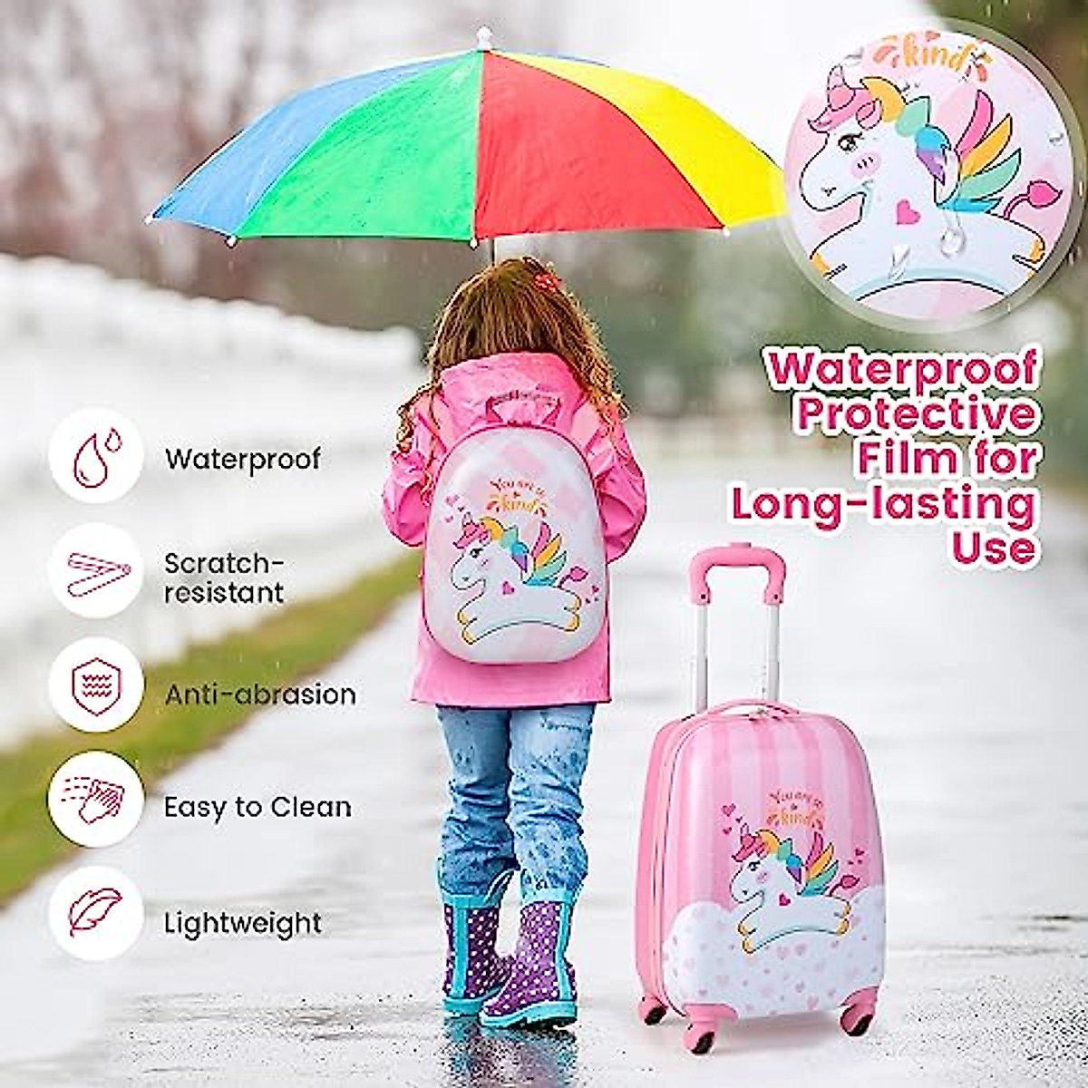 GYMAX Kids Carry On Luggage Set, 12" & 16" 2PCS Rolling Suitcase (Happy Pony)