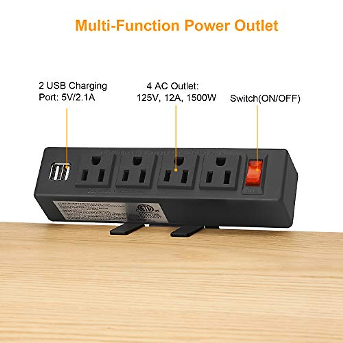 HHSOET Desk Clamp Power Strip, Desktop Power Outlet Clamp Mount with 2 USB Ports, 4 AC Outlets, Mountable Desk Outlet Removable Power Plugs with 6ft Cord.(4AC2USB-Black)