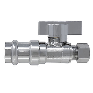 1/4 Turn Press Straight Stop Valve, 1/2" Press x 3/8" OD Compression Miiflex Heavy Duty Chrome Plated Brass Quarter Shut Off Valve w/Ferrule and Nut for Residential/Commercial Compatible with ProPress