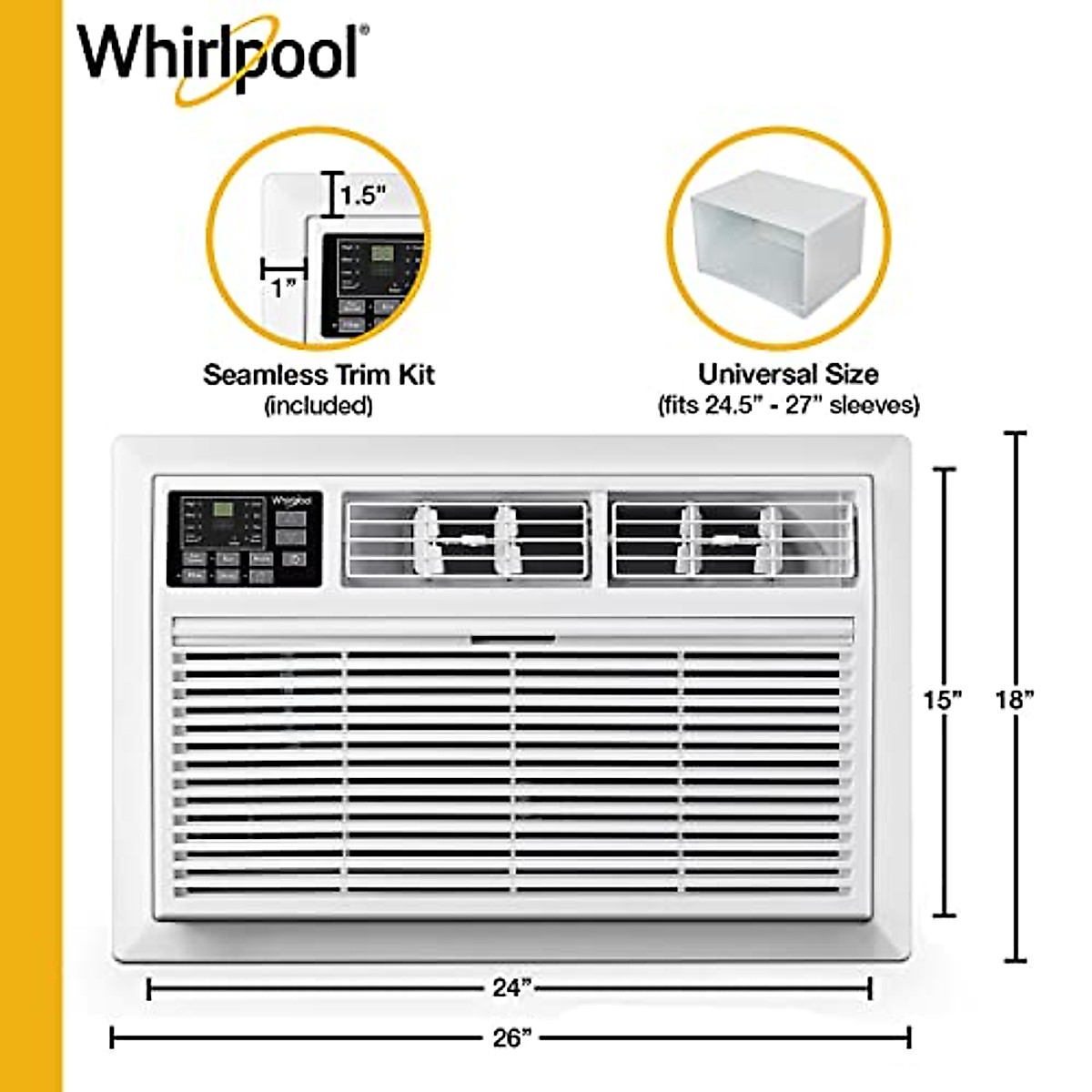 Whirlpool WHAT122-2AW 12,000 BTU 230V Through-The-Wall Air Conditioner, Dehumidifier, AC for Rooms up to 550 Sq.Ft, Remote Control, Digital Display, 24H Timer, White