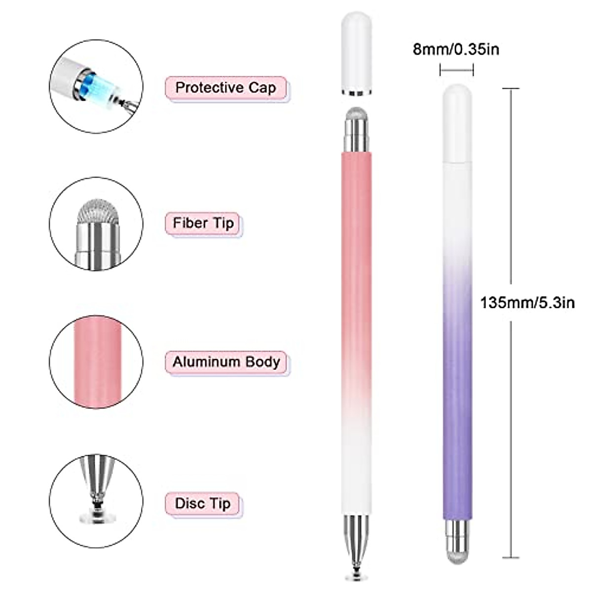 Stylus Pen for iPad (2 Pcs), Universal Touch Screens Stylus Pens High Sensitivity Disc & Fiber Tip Pencils Compatible with Apple/iPhone/iPad/Android/Tablets and All Capacitive Touch Screens