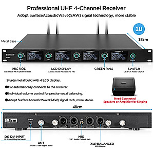 Bietrun 4-Channel Wireless Microphones System with 4 Rechargeable Handheld Mics, UHF Metal Dynamic Cordless Mics for Karaoke, Singing, Church, Family Theater(Auto Connect/295FT Range/Fixed Frequency)