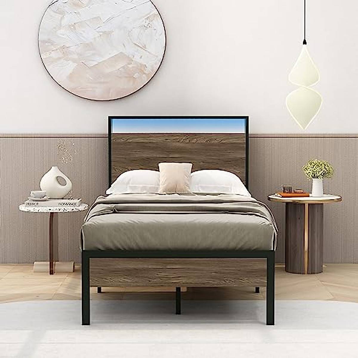 NNV Industrial Twin Size Bed Frame with Headboard Stoarge, Metal Platform Bed Frame with LED Lights and USB Ports, Sturdy and No Noise Easy Installation No Box Spring Needed, Grey