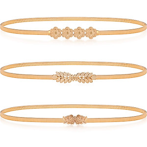 Geyoga 3 Pieces Women Elastic Waist Metal Chain Stretch Metal Dress Belt Skinny Gold Waistband for Women