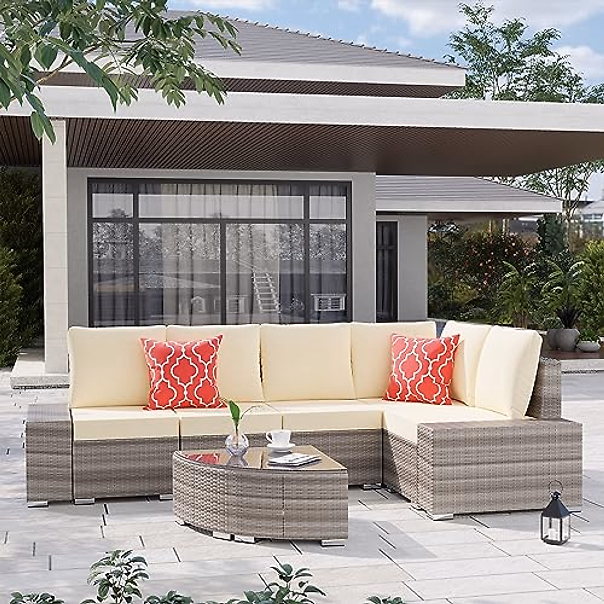 6 Pieces Patio Furniture Sets Outdoor Couch, Modular Rattan Outdoor Sectional Sofa Patio Set, All Weather Pe Wicker Patio Conversation Sets for Lawn, Garden, Backyard, Poolside