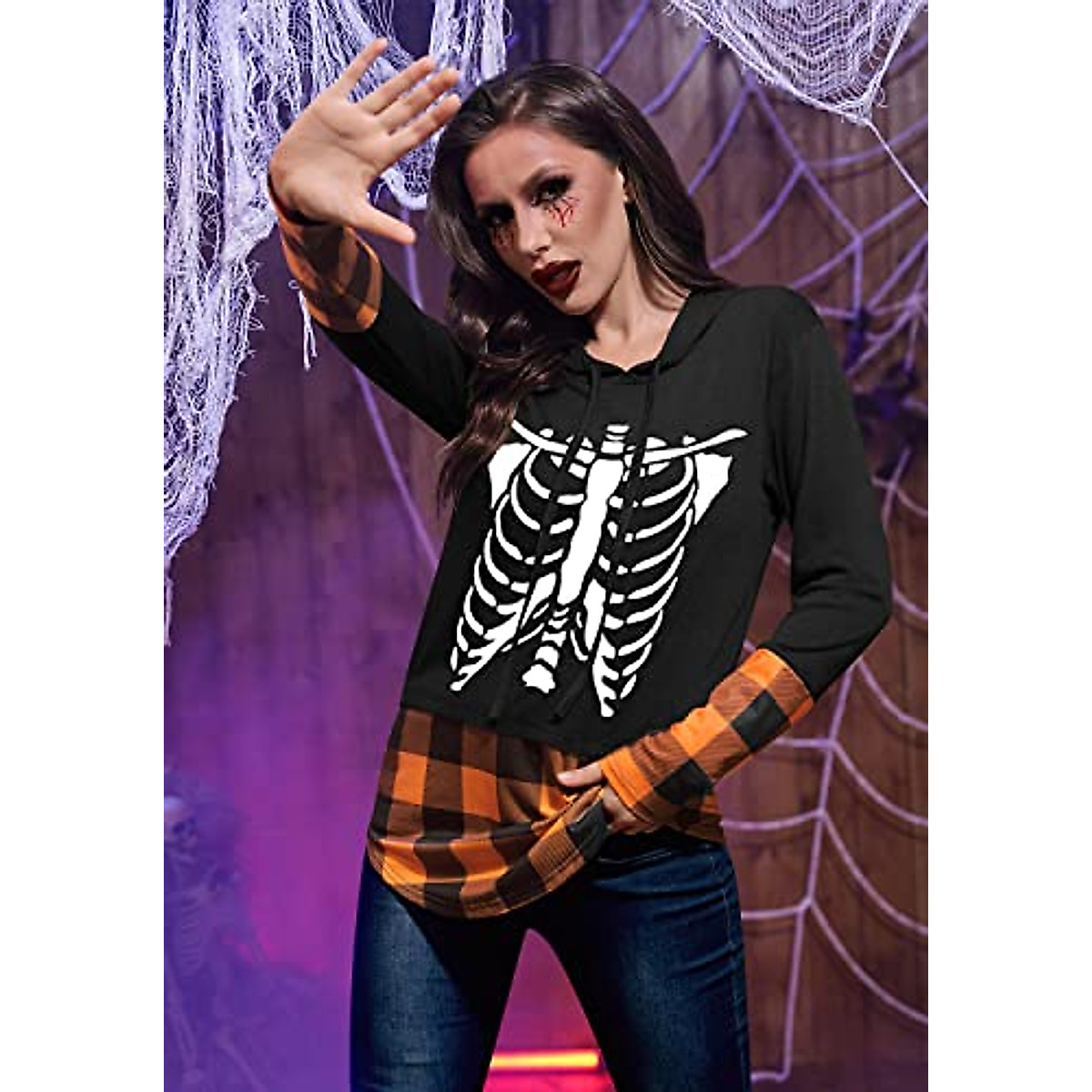 For G and PL Womens Halloween Long Plaid Sleeve Tops Shirts Skeleton Skull Hoodie Sweatshirt Black M