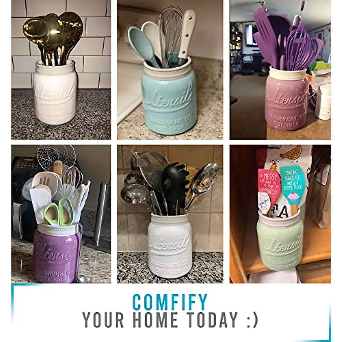 Comfify Wide Mouth Mason Jar Utensil Holder Decorative Kitchenware Organizer Crock, Chip Resistant Ceramic, Dishwasher Safe - Kitchen Caddy Green, Large Size 7" High