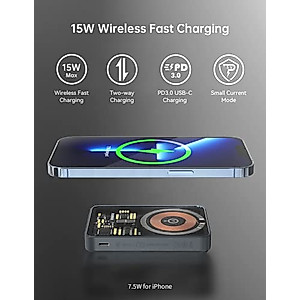 MOMAX Magnetic Wireless Portable Charger, Transparent Battery Pack with Stand, Foldable 5000 mAh Magnetic Wireless Power Bank and USB-C for iPhone 14/13/12 Series, Magnetic Portable Charger for iPhone