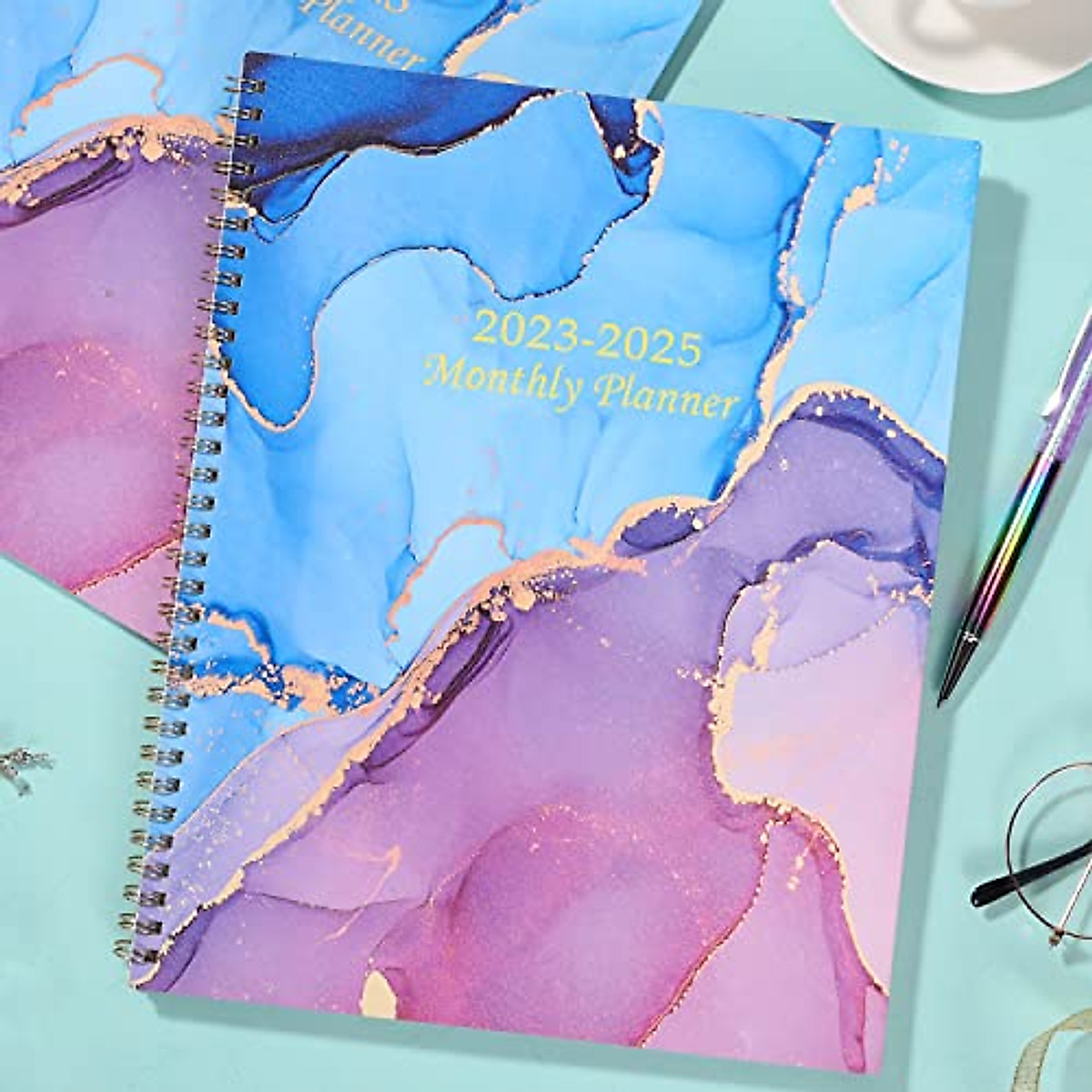 2023-2025 Monthly Planner/Calendar - 2 Year(24 Months) Planner with Tabs & Pocket, July 2023 - June 2025, Contacts and Passwords, 8.5" x 11", Thick Paper, Twin-Wire Binding - Pink Purple Marble