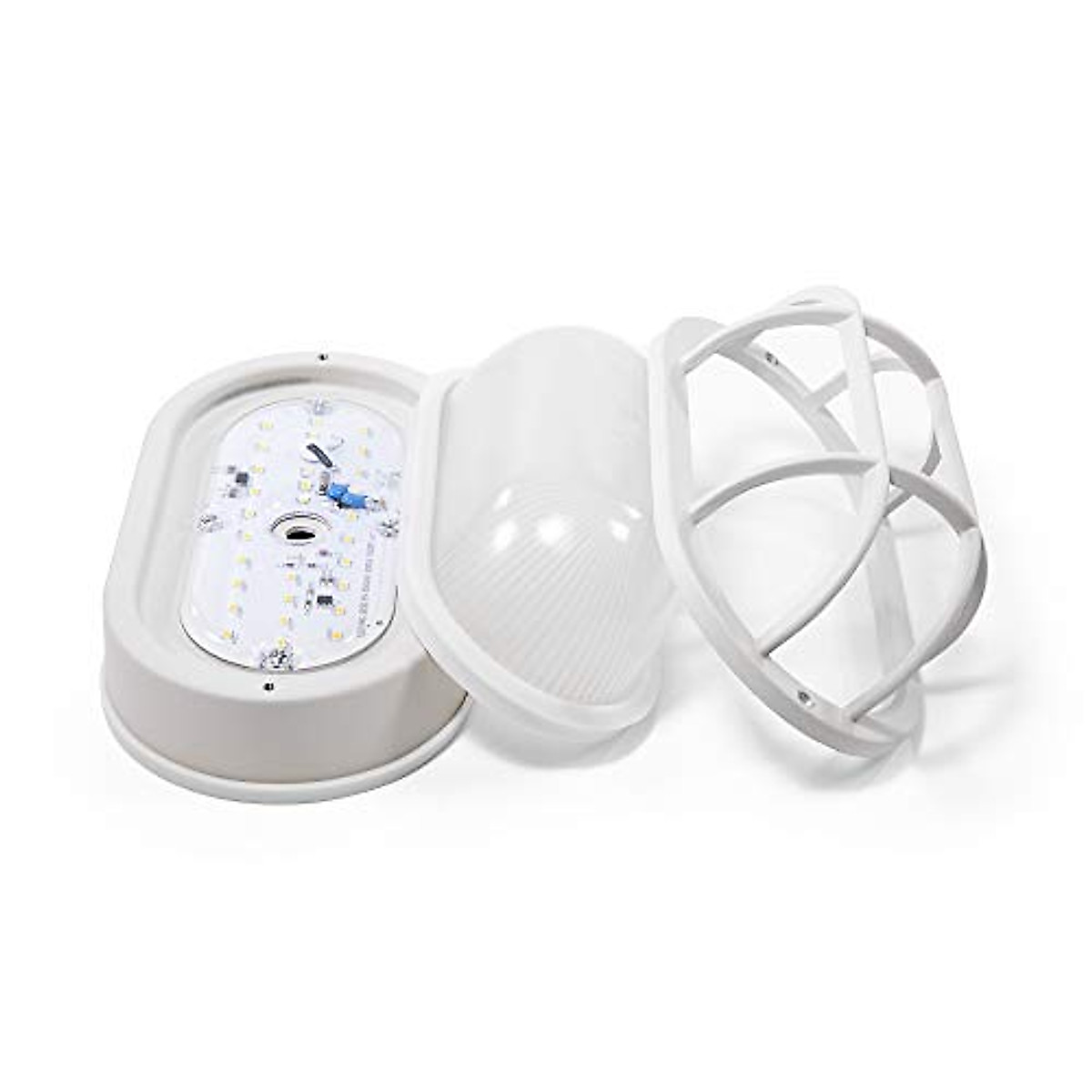 CORAMDEO Outdoor 8.5” Oval LED Nautical Bulkhead Light, Flush Mount for Wall or Ceiling, Wet Location, 75W of Light, 800 Lumens, 3K, White Cast Aluminum with Frosted Glass Lens